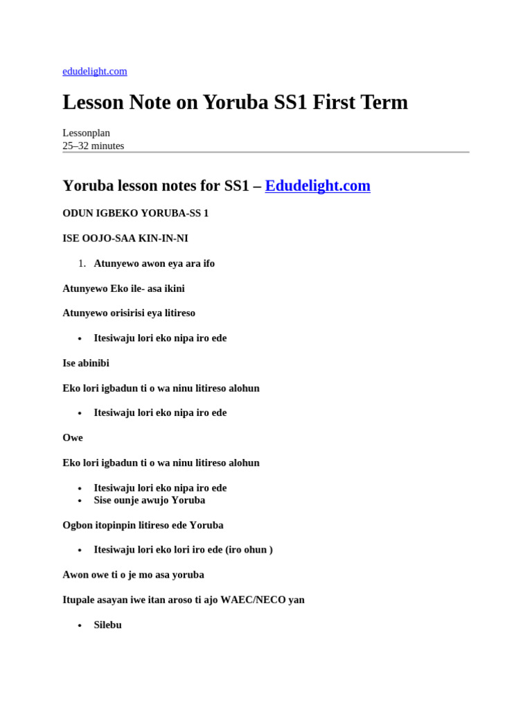 Yoruba Ss1 First Term | PDF