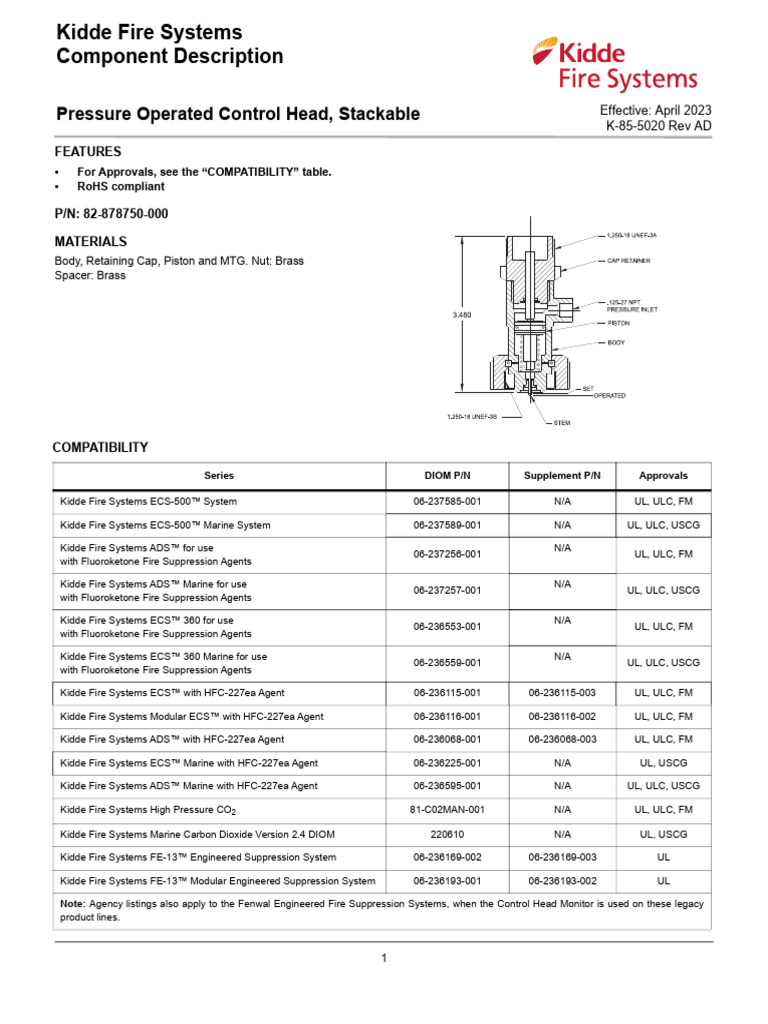 462 Kidde Pressure Operated Control Head Stackable K-85-5020 | PDF