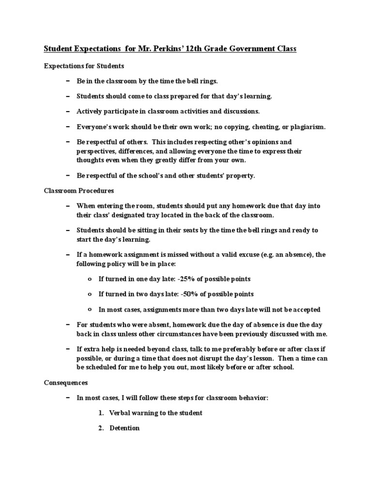 Student Expectations For Mr. Perkins' 12th Grade Government Class | PDF ...