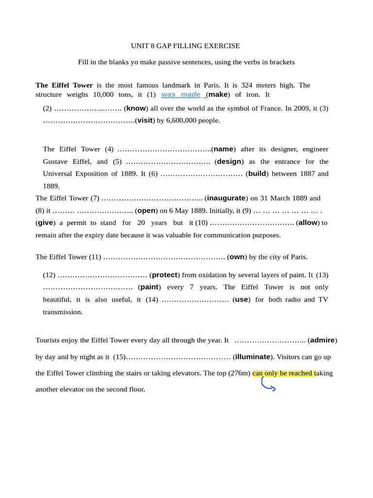 Passive Voice Exercises: Eiffel Tower | PDF | Syntax | Grammar