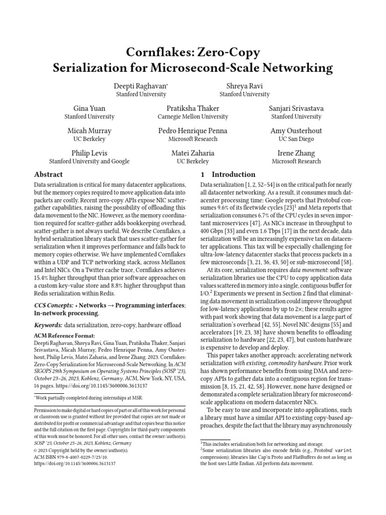 Cornflakes Zero Copy Serialization For Microsecond Scale Networking | PDF | Pointer (Computer ...