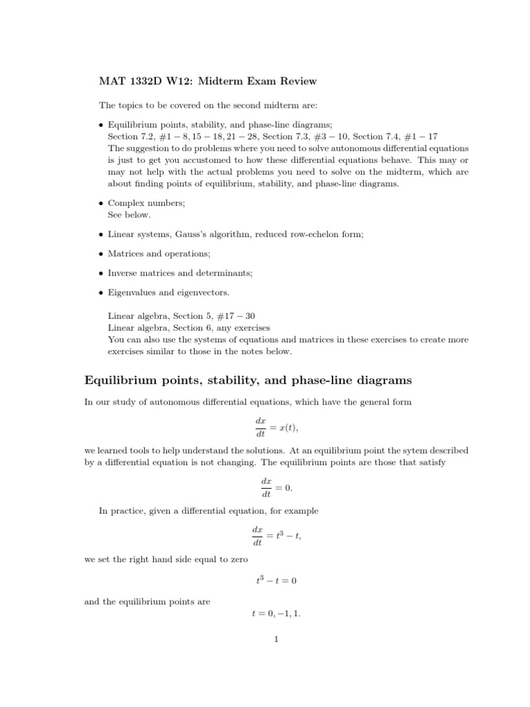 MAT 1332D W12: Midterm Exam Review: Equilibrium Points, Stability, and ...