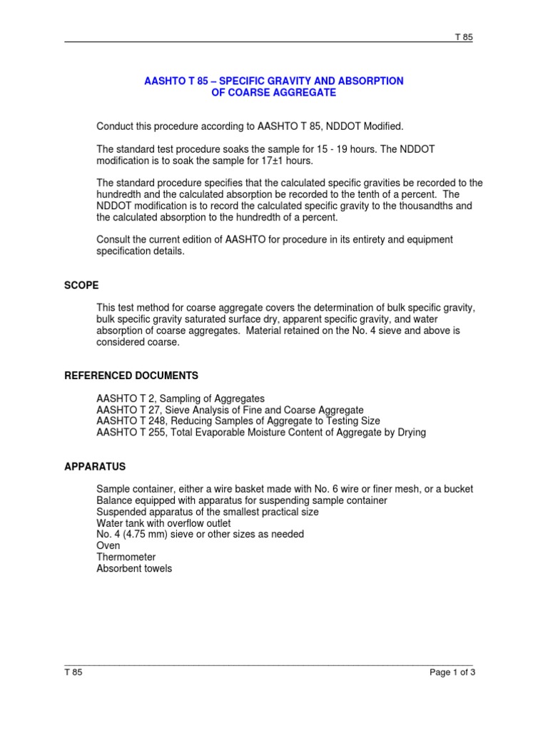 Aashto T 85 - Specific Gravity and Absorption of Coarse Aggregate | PDF ...