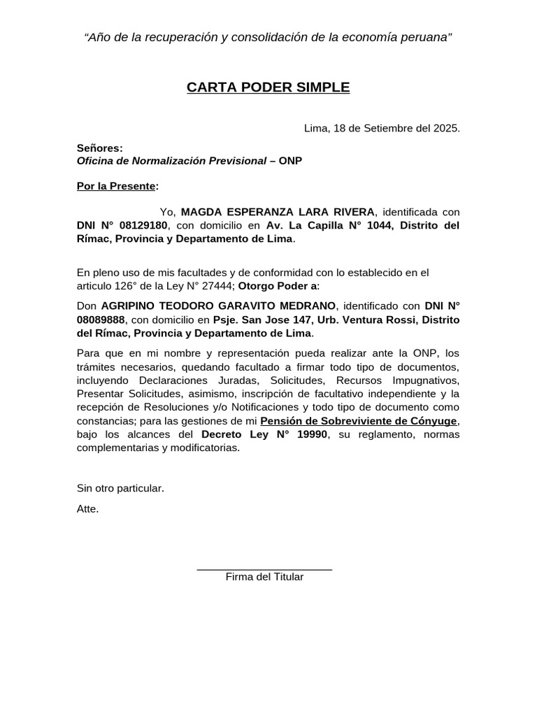 Carta Poder Simple ONP 2025 | PDF