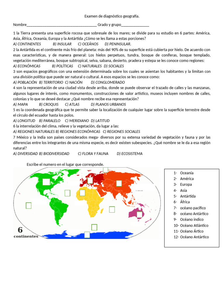 Examen Diagnóstico de Geografía Escolar | PDF | Antártida | Américas
