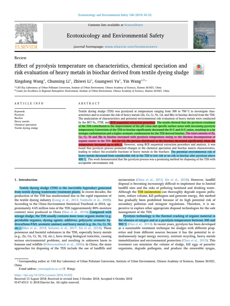 Effect of pyrolysis temperature on characteristics, chemical speciation and risk evaluation of ...