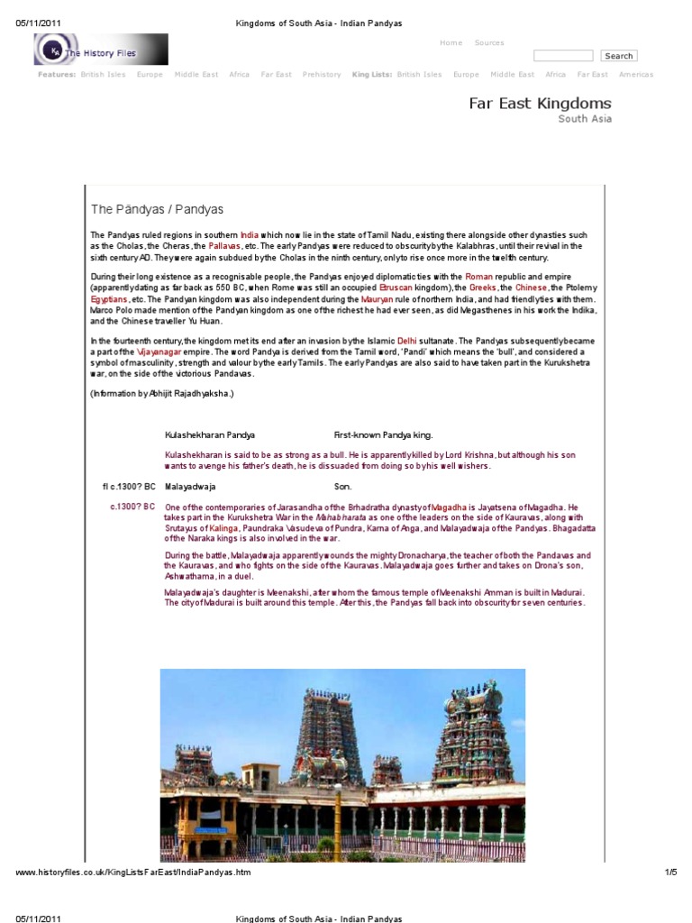 Kingdoms of South Asia - Indian Pandyas | PDF | Mahabharata | Tamils