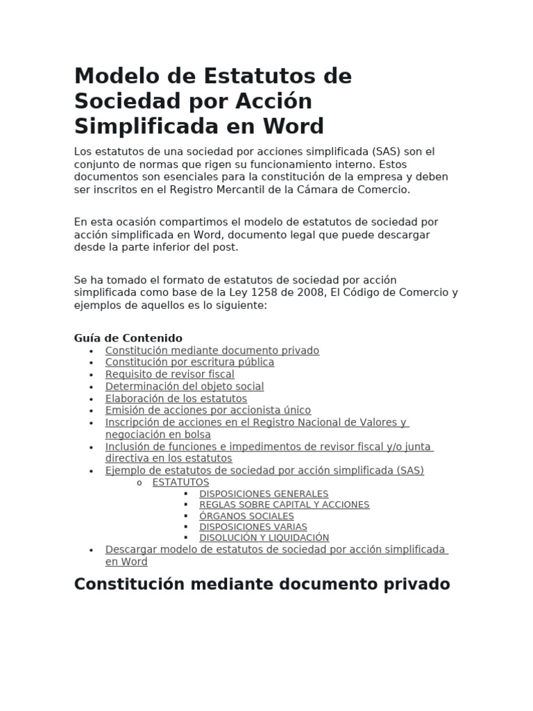 Modelo de Estatutos SAS en Word | PDF | Compartir (Finanzas) | Sociedad ...