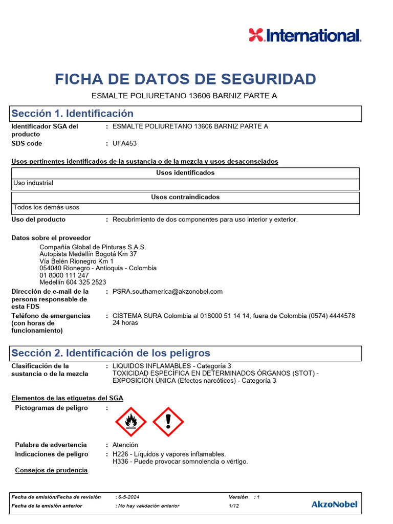 Ficha de Seguridad Esmalte Poliuretano 13606 | PDF | Residuos ...