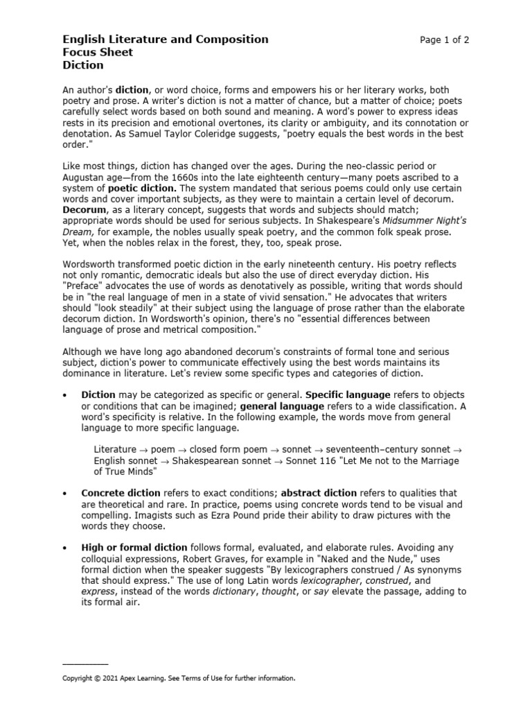 English Literature and Composition Focus Sheet Diction | PDF | Poetry ...