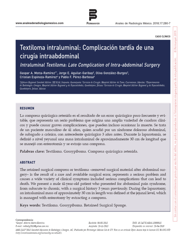 Complicación por textiloma intraluminal | PDF | Abdomen | Medicina