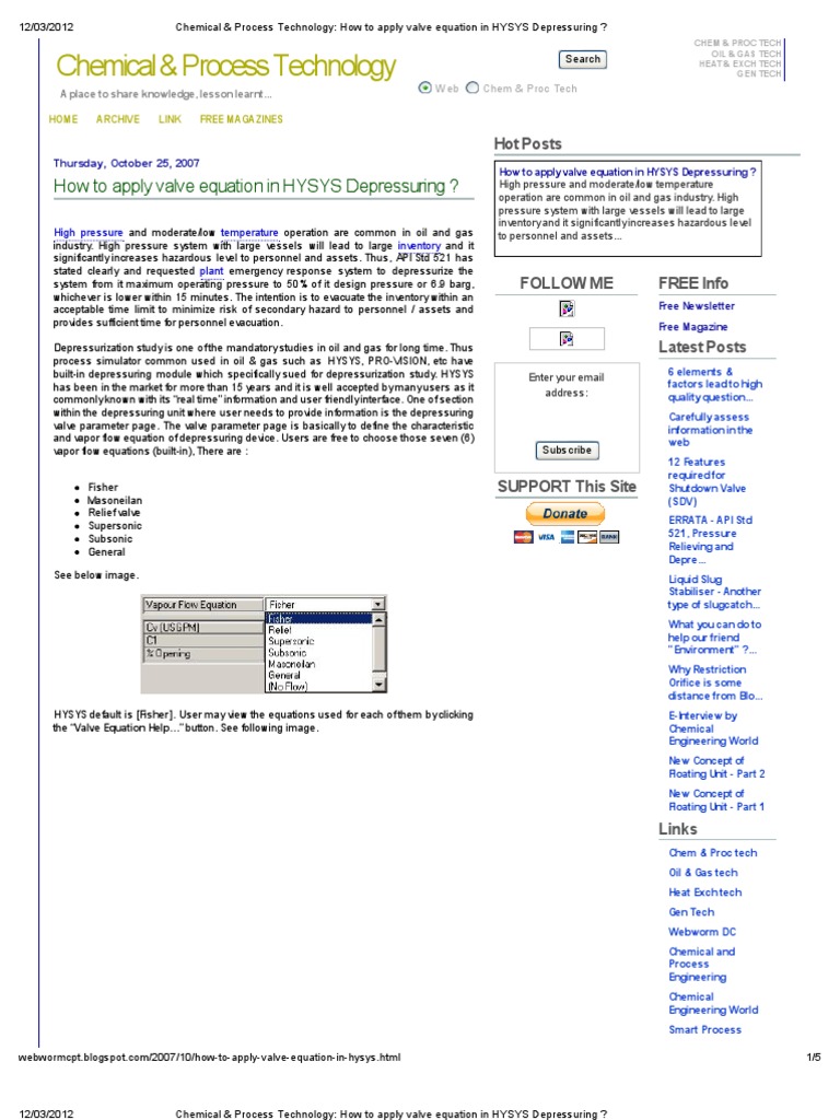 Chemical & Process Technology - How To Apply Valve Equation in HYSYS ...