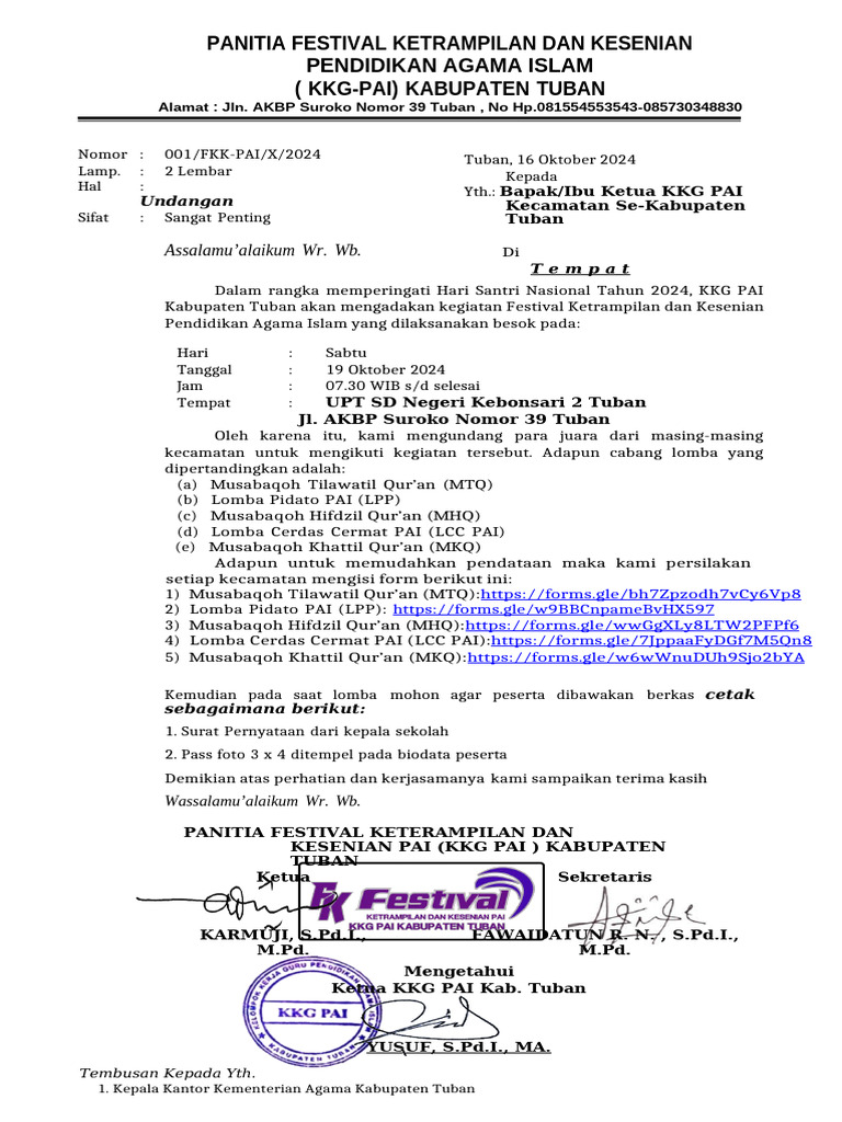 Undangan Festival Kesenian PAI Tuban 2024 | PDF