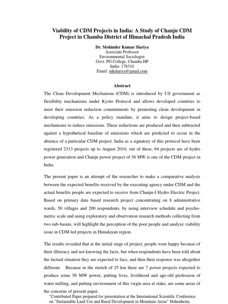 Viability of CDM Projects in India: A Study of Chanju CDM Project in ...