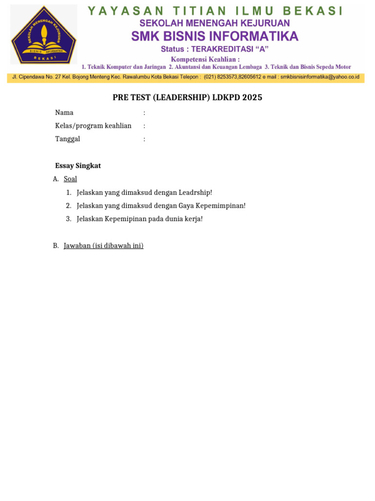 Pre Post Test (Leadership) LDKS SMK | PDF