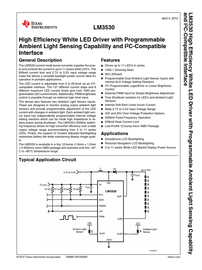 LM3530 High Efficiency White LED Driver With Programmable Ambient Light ...