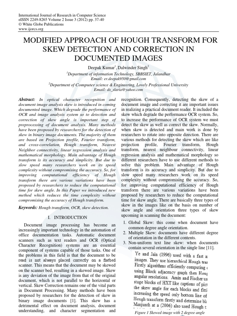 Modified Approach Of Hough Transform For Skew Detection And Correction In Documented Images