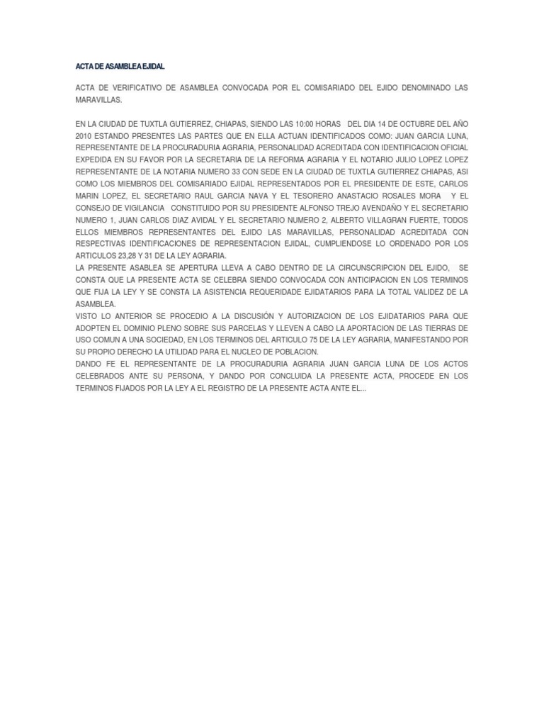 Acta de Asamblea Ejidal: Ejemplo y Proceso | PDF | Finanzas y dinero ...