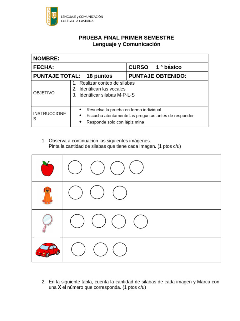 Prueba de Lenguaje 1° Básico - Colegio La Castrina | PDF