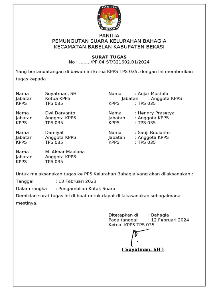 Surat Tugas Kpps Tps 035 | PDF
