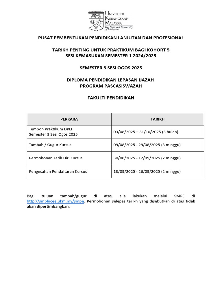 Tarikh Penting Semester 3 2024 2025 Program DPLI Eksekutif Fakulti ...