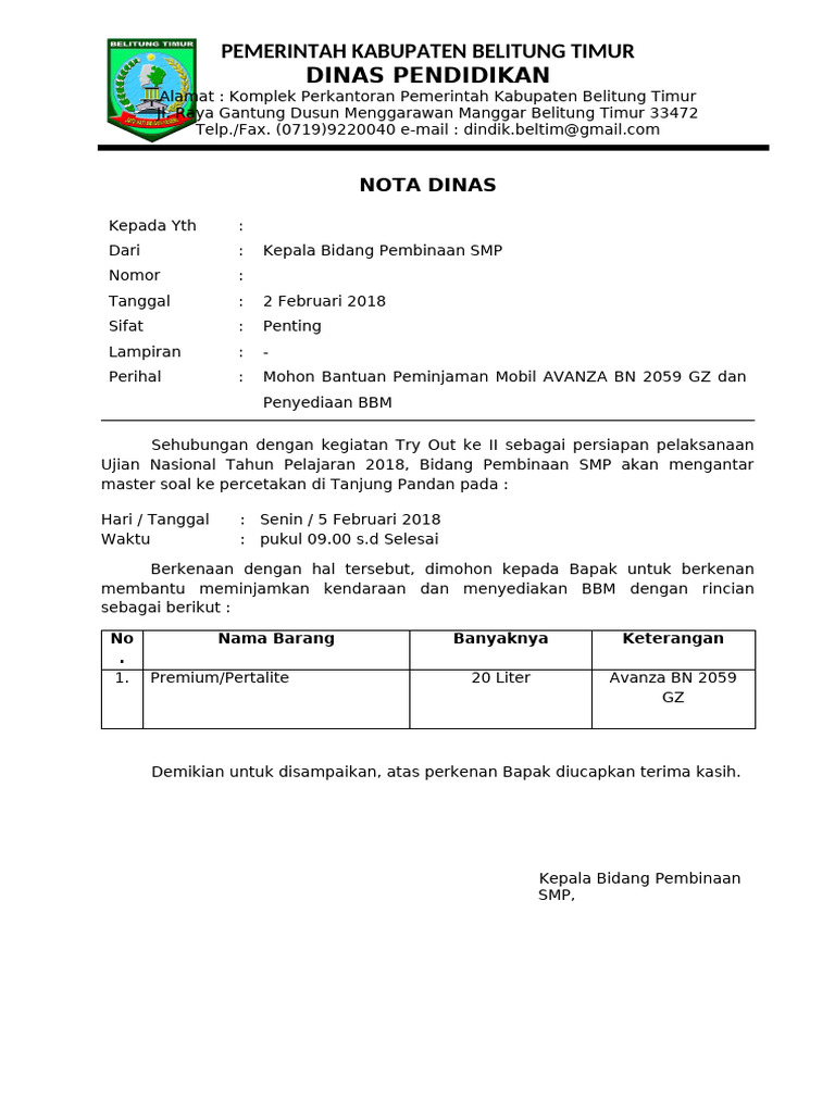 Nota Dinas BBM - 1 | PDF