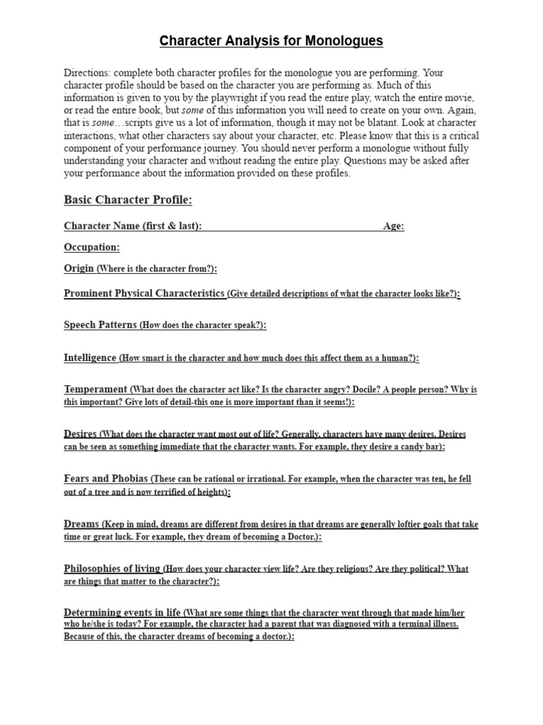 Character Analysis For Monologues | PDF | Psychology | Behavioural Sciences