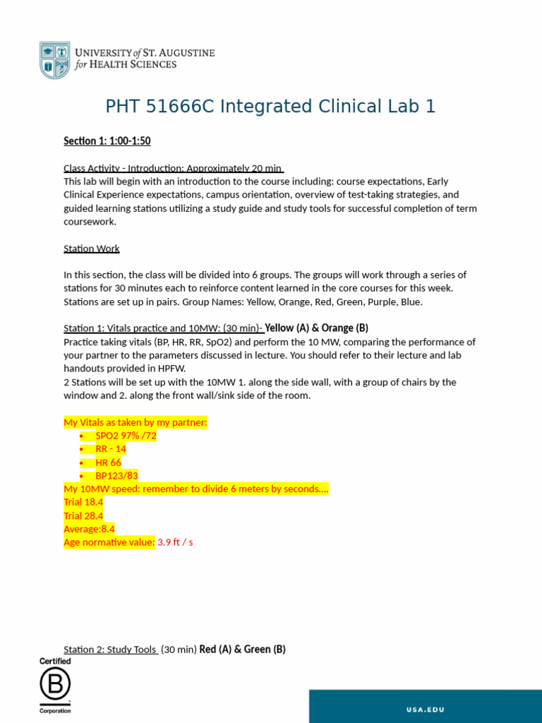 Lab 1 Student PHT 51666C Integrated Clinical Lab 1 Report | PDF | Diseases And Disorders ...