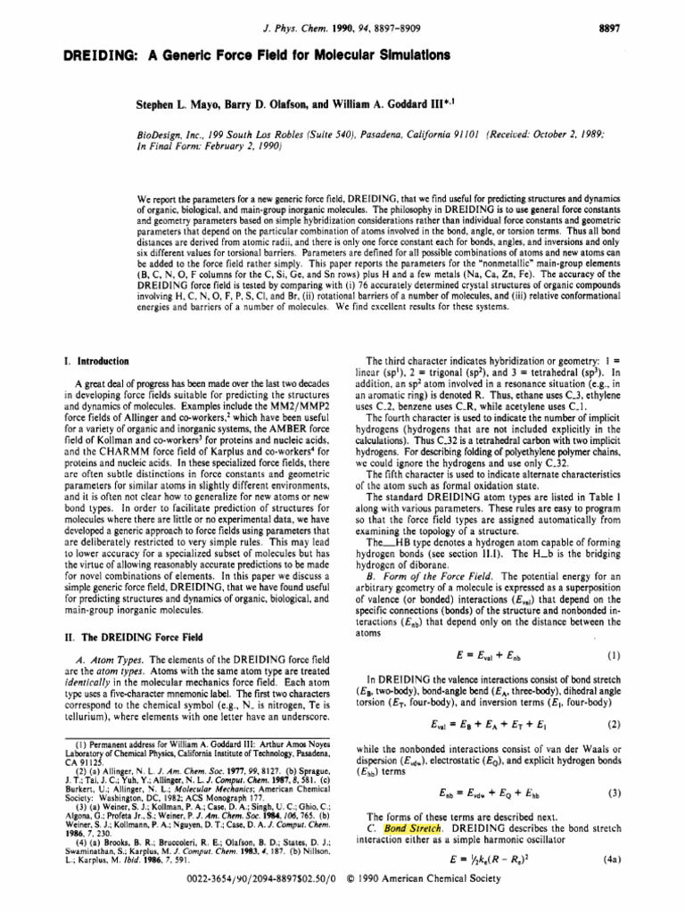 DREIDING Force Field for Molecular Simulations | PDF | Force Field ...