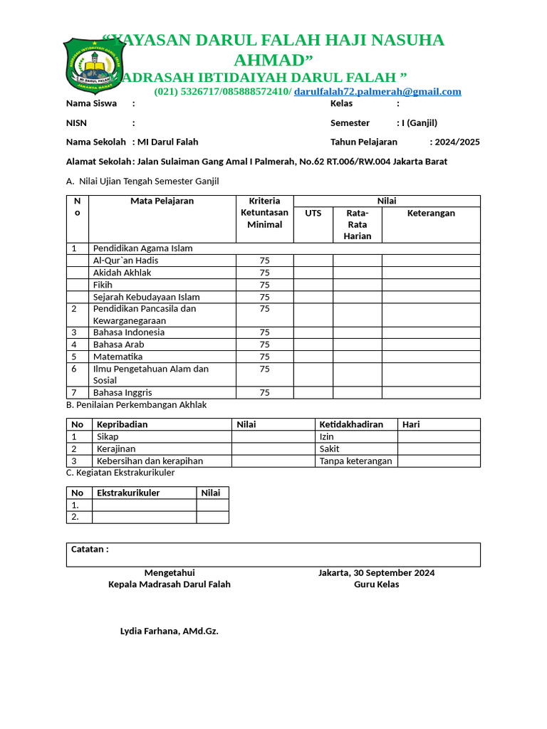 Contoh Rapot UTS MI Darul Falah | PDF