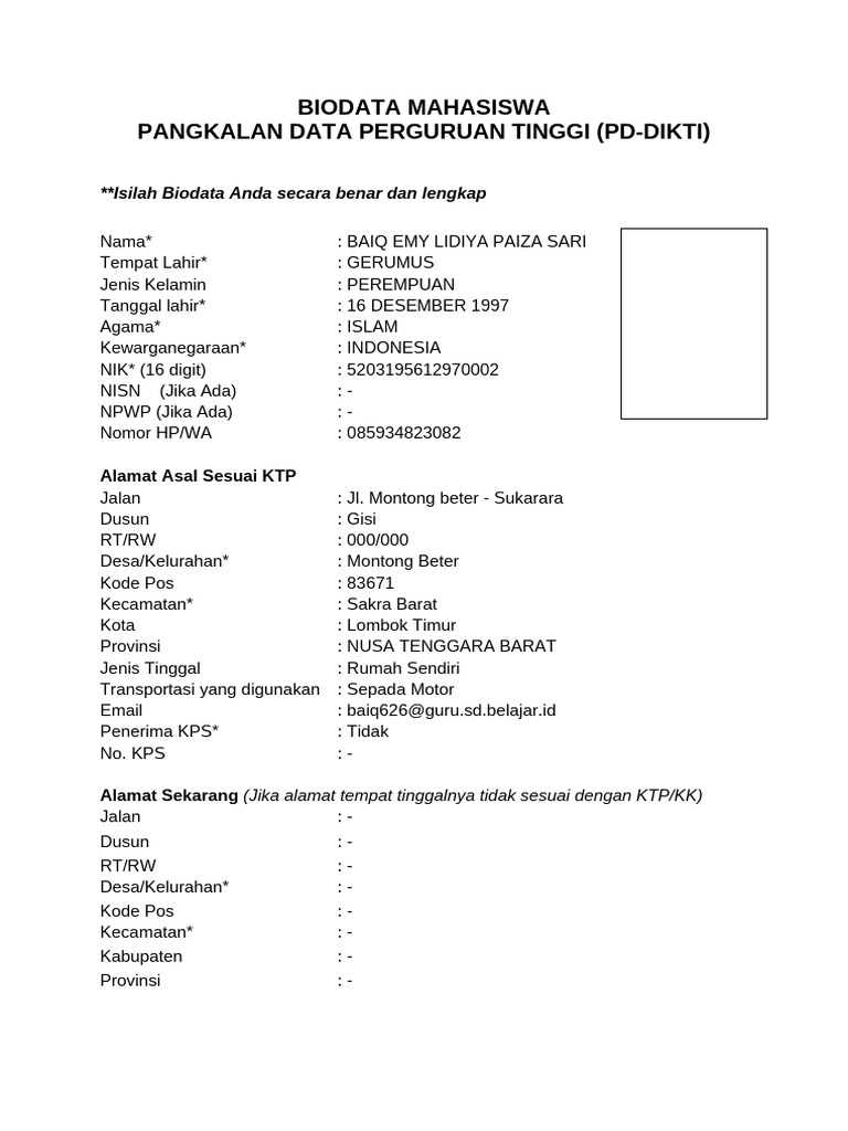 Format Biodata PD-DIKTI Baiq Emy | PDF