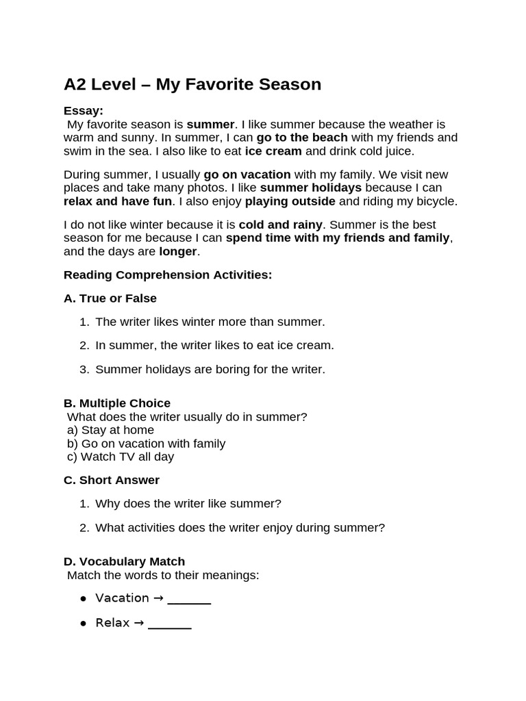 My Favorite Season: Summer Essay | PDF