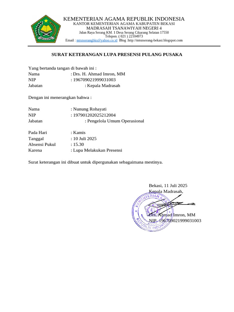 Surat Ket Lupa Absen Pulang | PDF