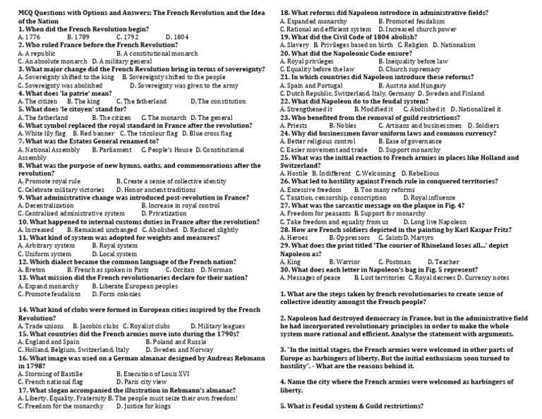 French Revolution MCQs and Answers | PDF | French Revolution | France