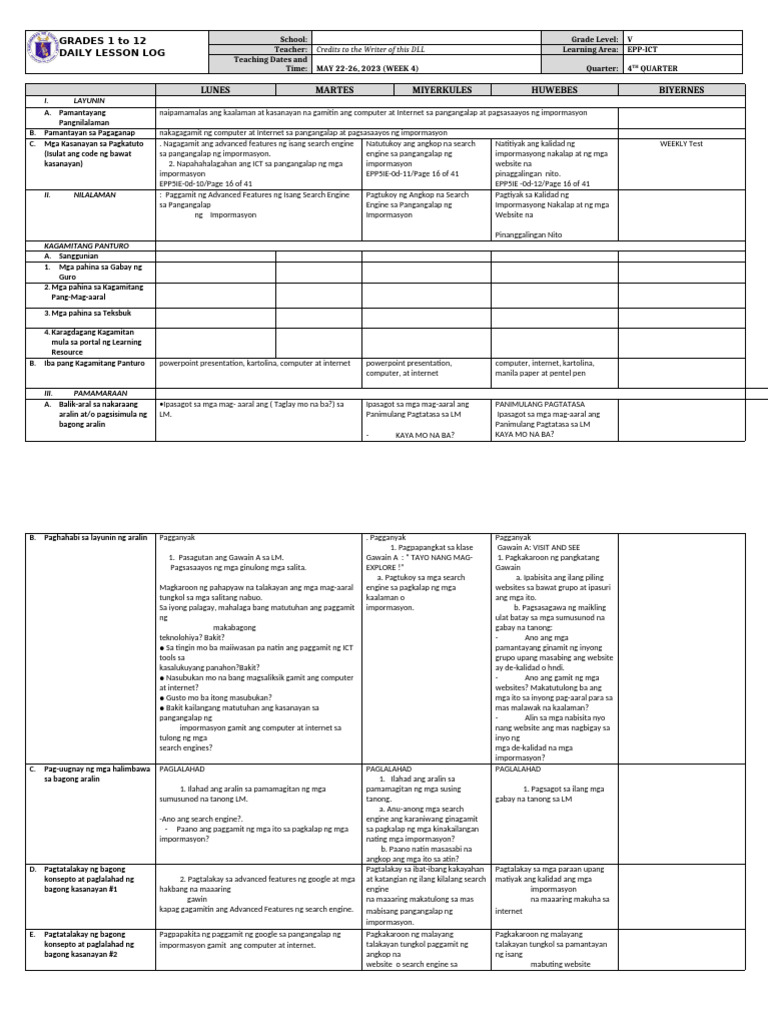 Grade 5 DLL Epp 5 q4 Week 4 | PDF
