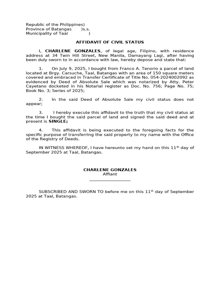 Affidavit of Civil Status in Taal | PDF