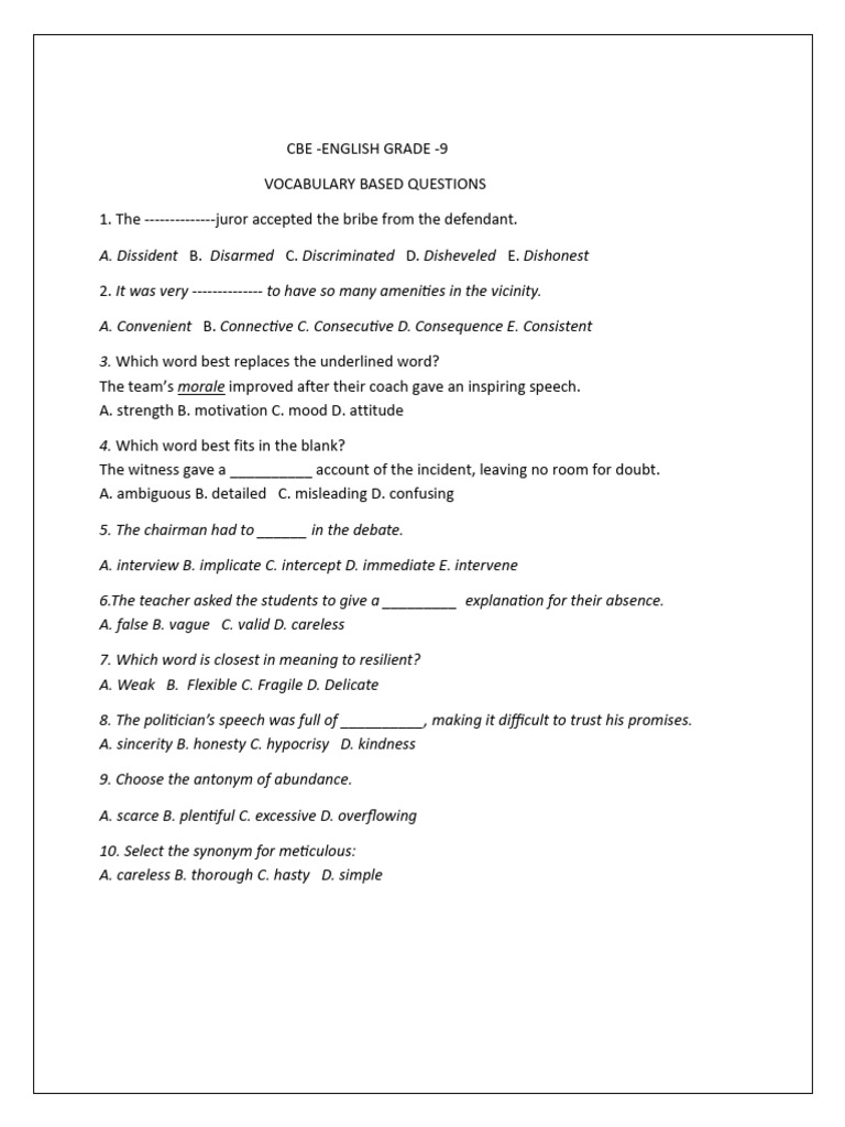 NGRT Sample Paper Grade 9 - Vocabulary | PDF