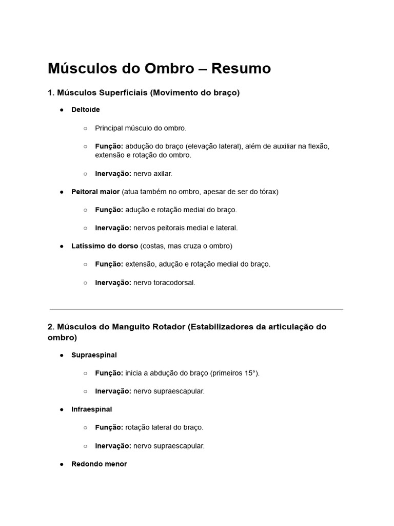 Músculos do Ombro: Funções e Inervação | PDF