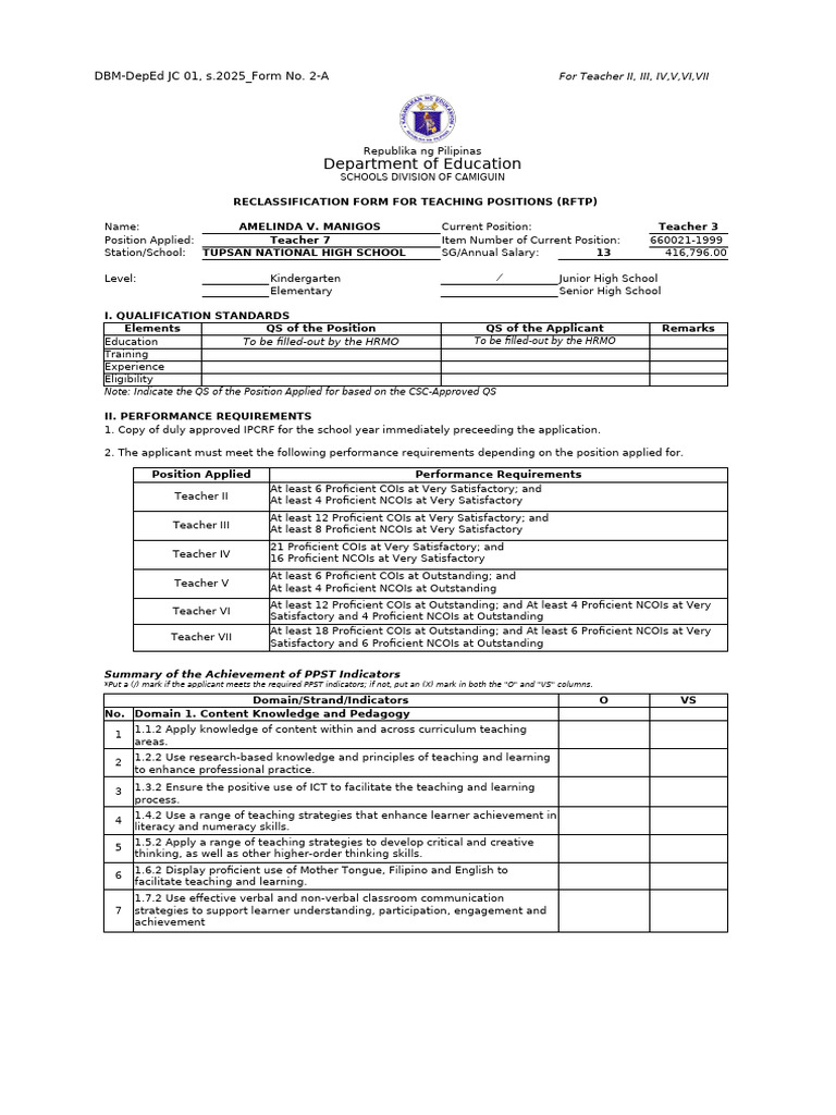 Reclassification Form - Teacher II-VII | PDF | Learning | Educational ...