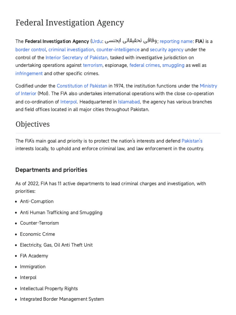 Federal Investigation Agency - Wikipedia | PDF | National Security ...