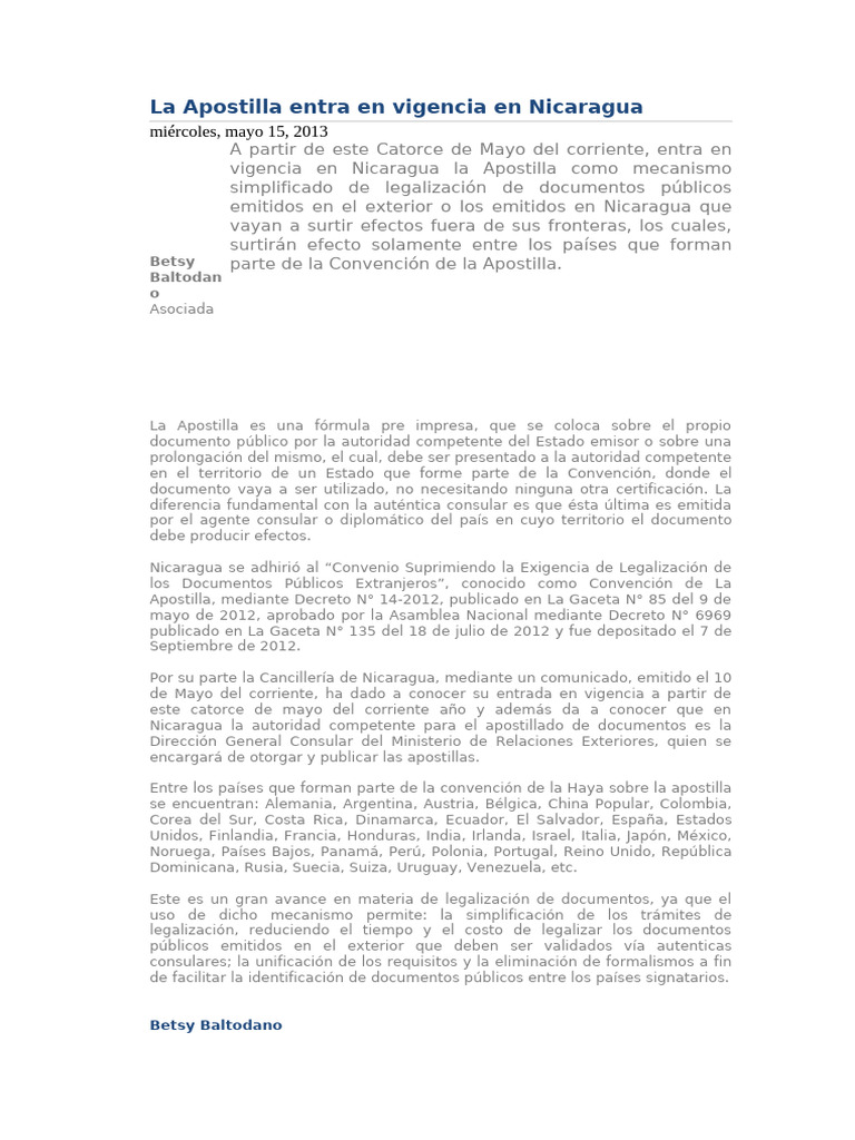 La Apostilla Entra en Vigencia en Nicaragua | PDF