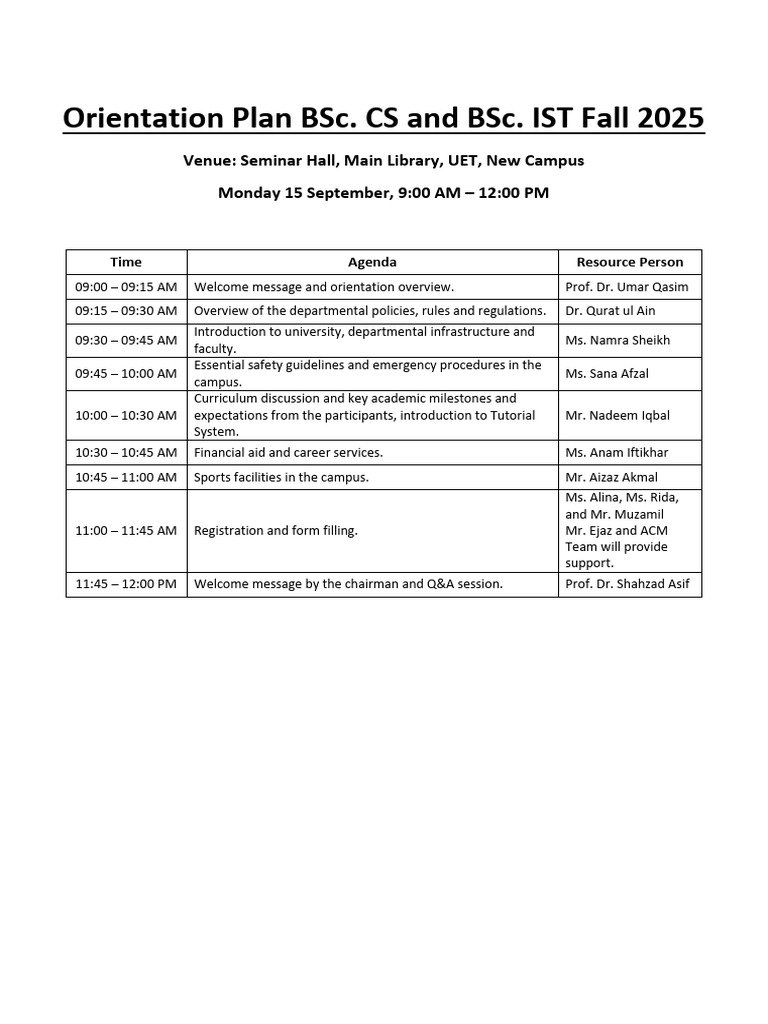 BSc CS & IST Orientation Plan Fall 2025 | PDF