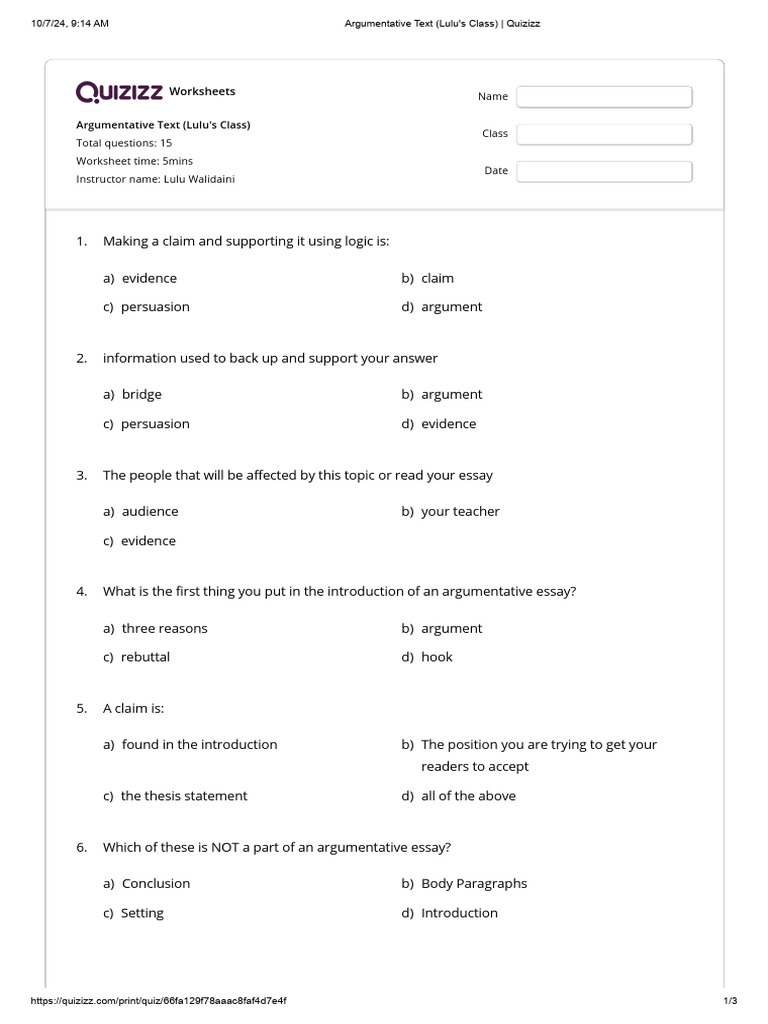 Argumentative Text Worksheet for Students | PDF | Fallacy | Essays