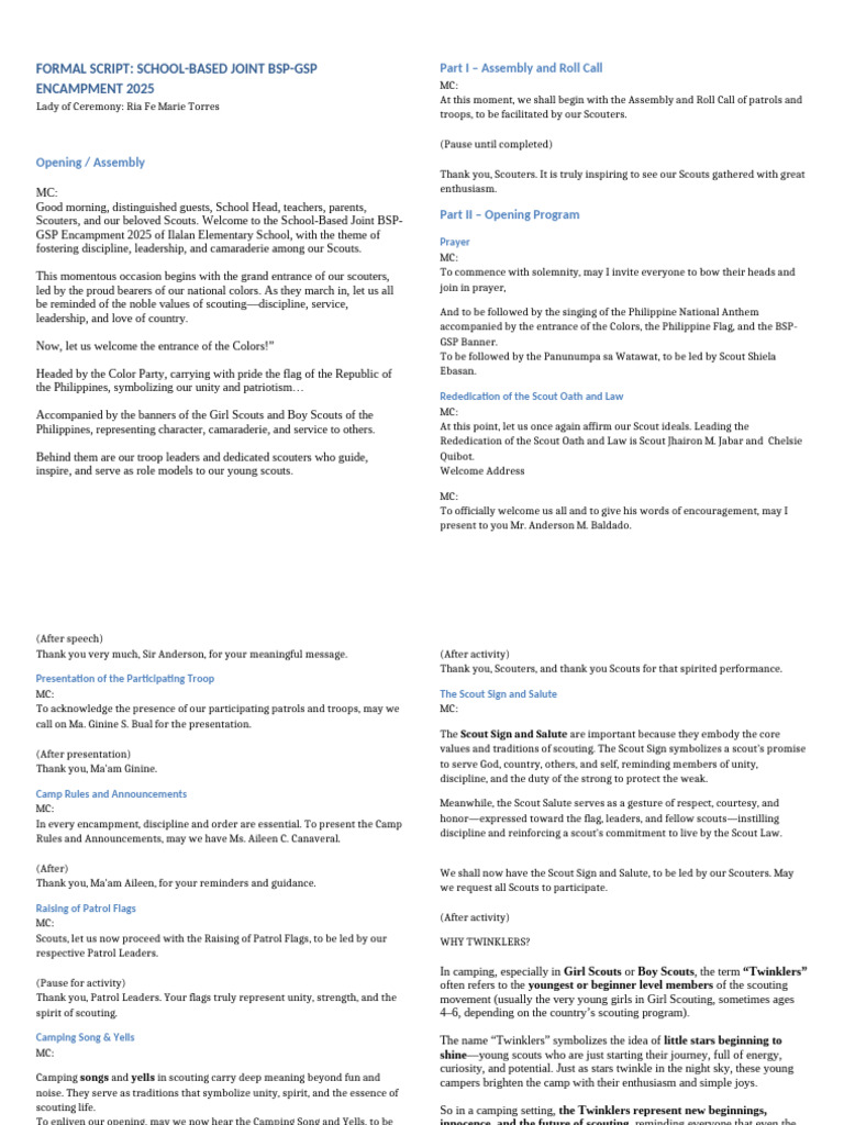 Formal Script BSP GSP Encampment | PDF | Scouting | Outdoor Recreation