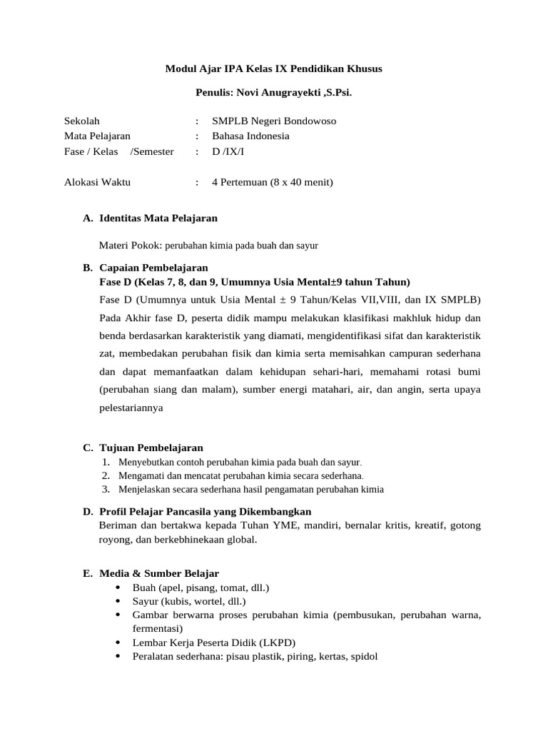 Modul Ajar IPA Kelas IX: Perubahan Kimia | PDF