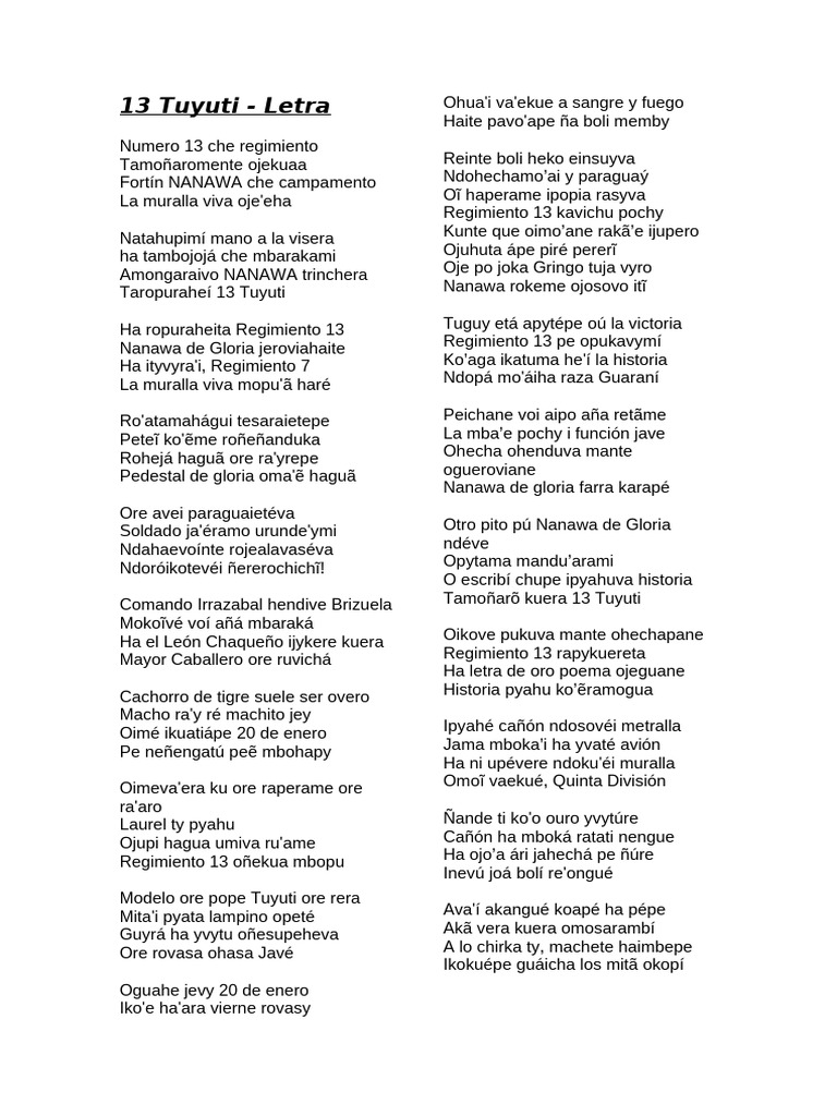 Letra de "13 Tuyuti" en Guaraní y Español | PDF | Unidades militares y ...