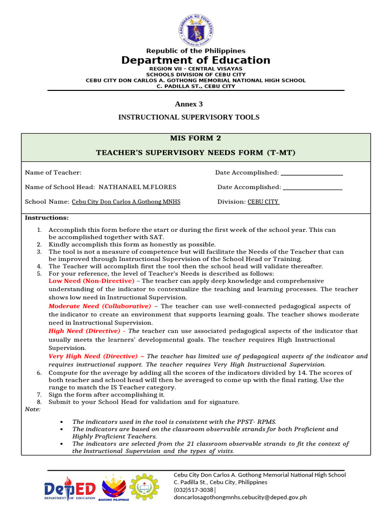 Mis Form 2 - Teacher's Supervisory Needs Form (T-MT) | PDF | Learning ...