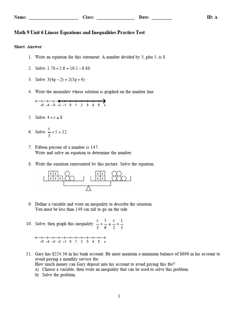 Unit 6 Linear Equations Inequalities Practice Test | PDF | Equations ...