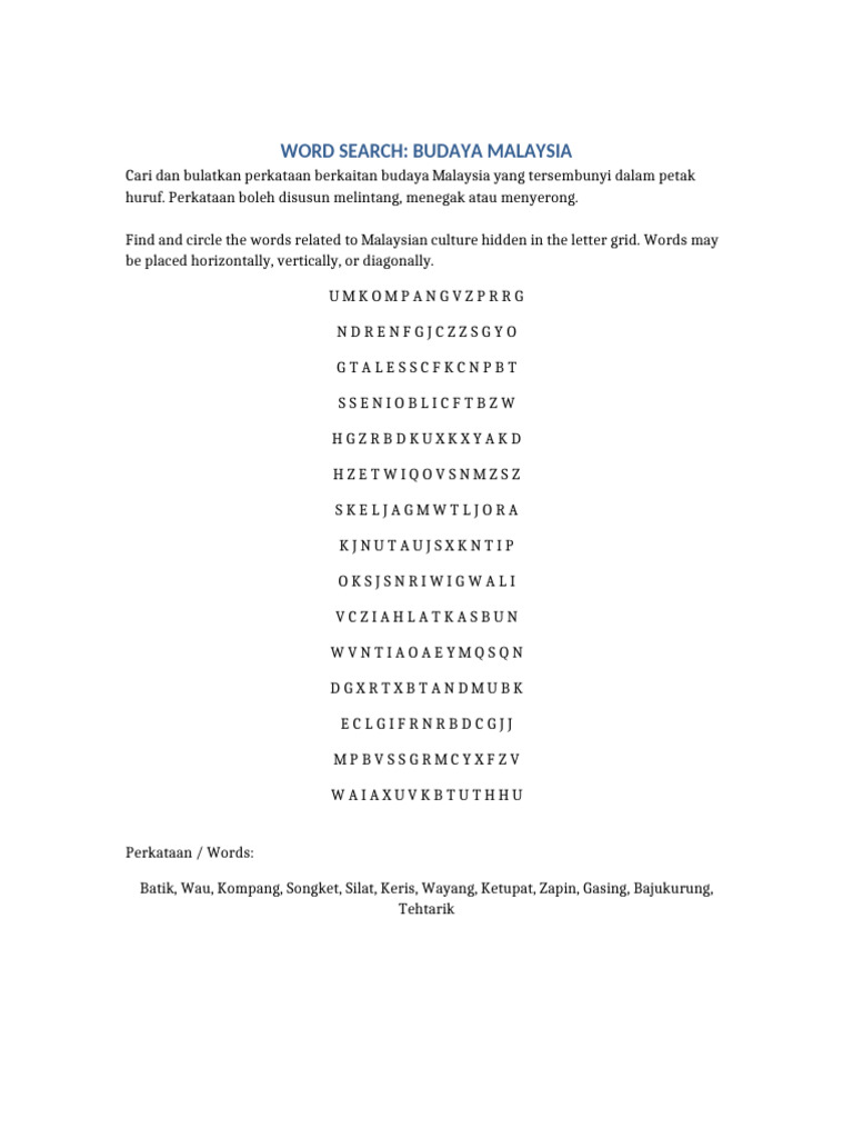 Word Search Budaya Malaysia | PDF
