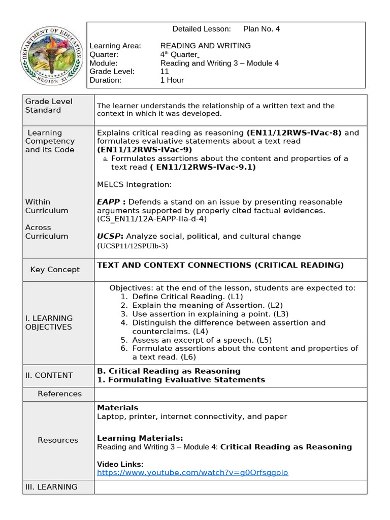 Critical Reading as Reasoning Module | PDF | Thought | Critical Thinking